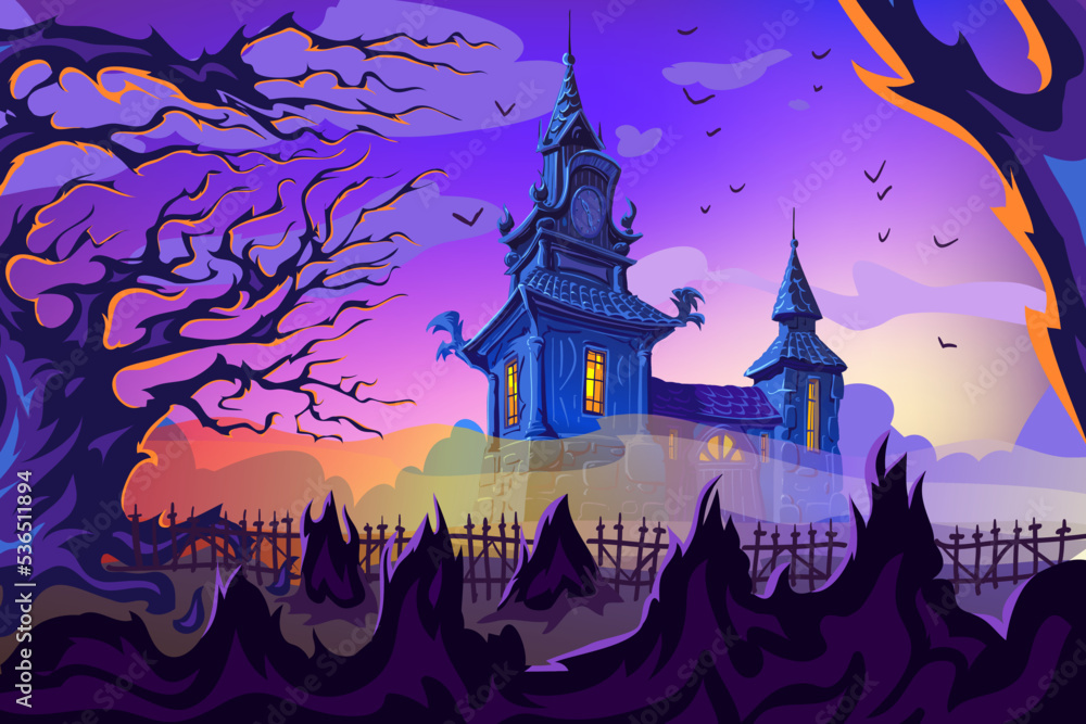 Halloween fantasy landscape with old haunted castle and graveyard in ...