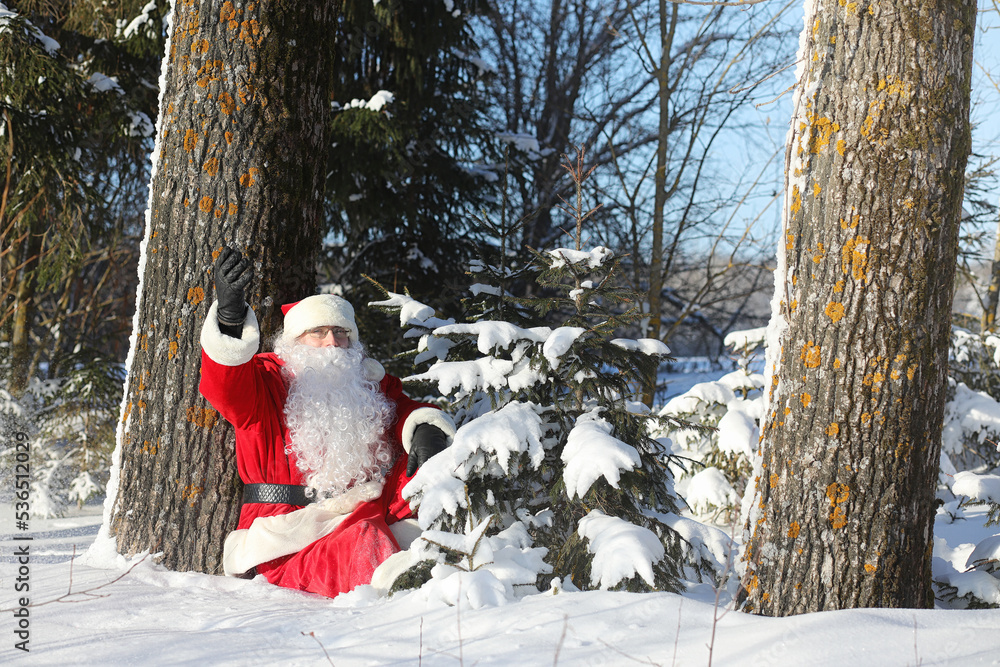 Santa Claus comes with gifts from the outside. Santa in a red suit with ...