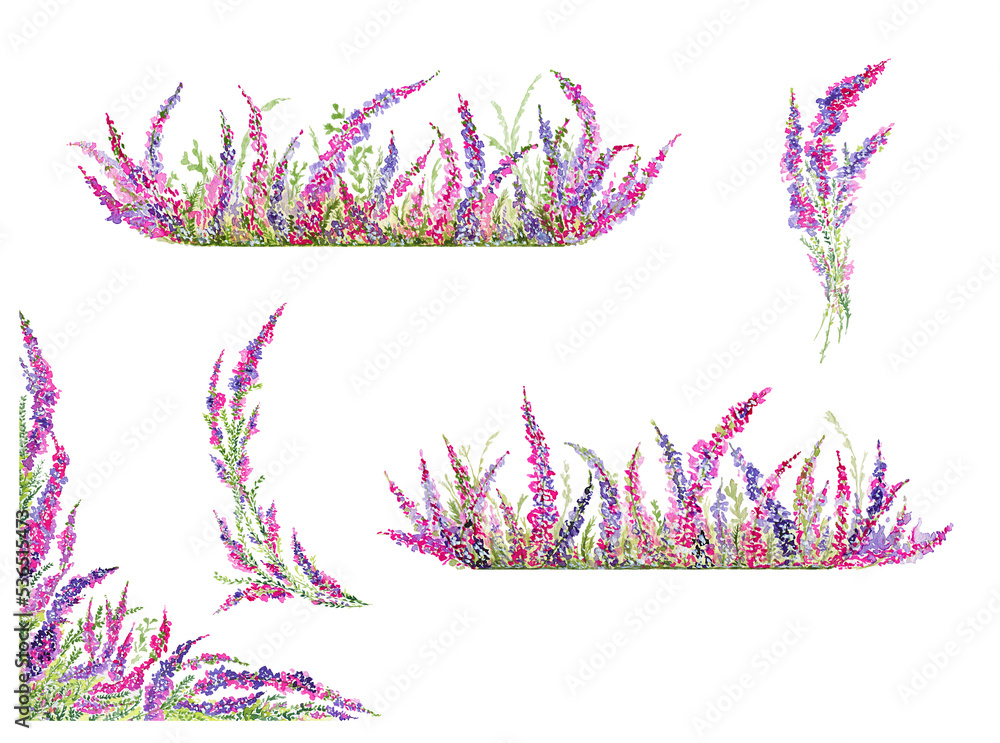 Watercolor pink flowers border and corners set, isolated on transparent ...