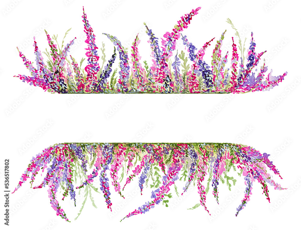 Watercolor pink flowers border set, isolated on transparent background ...