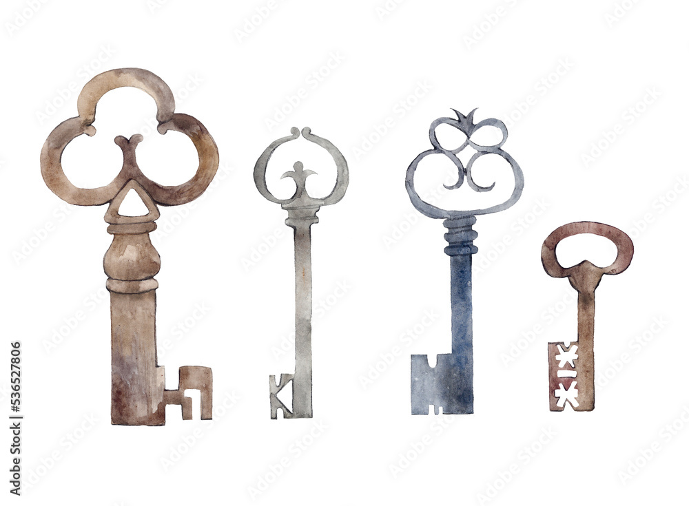 Set of watercolor antique keys. Isolated old metal key illustration ...