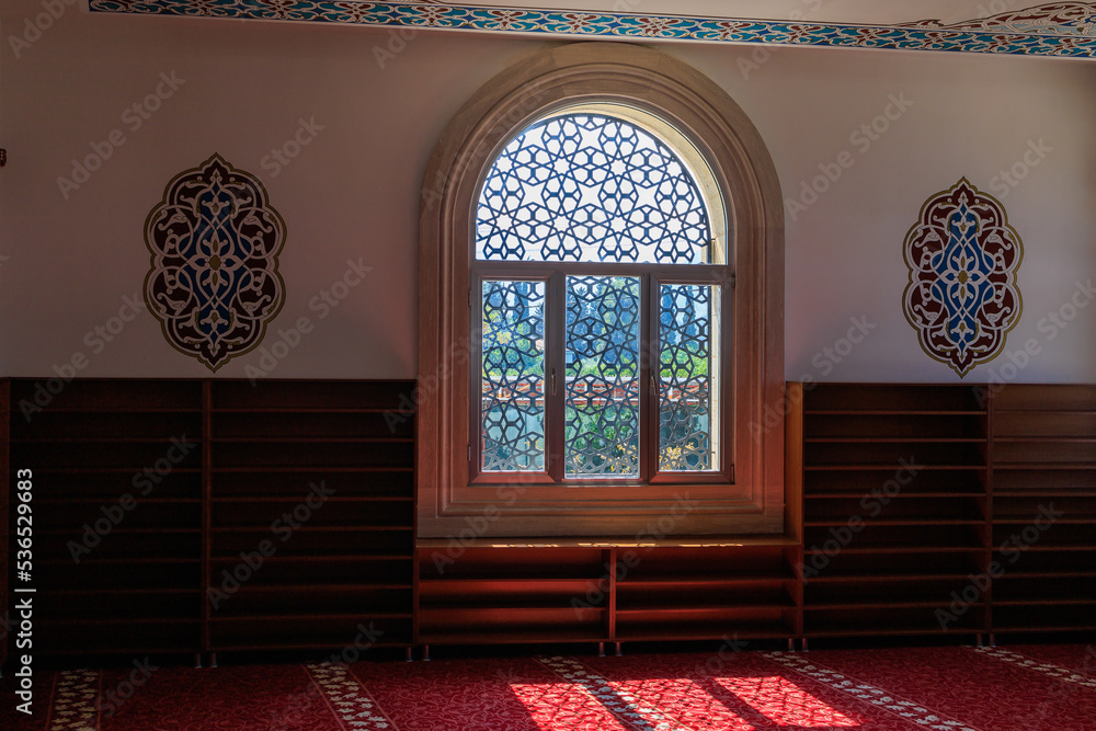 Mosque window. City landmark open to tourists. August 9, 2022 Kemer ...
