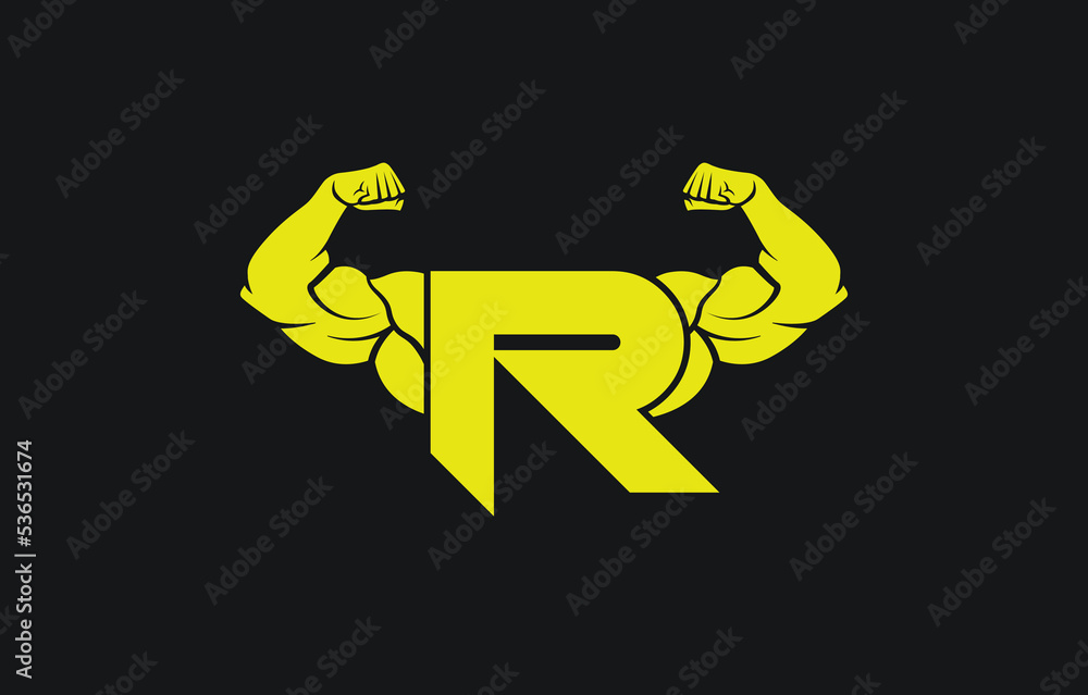 Fitness Gym logo with letter R, bicep flex logo, vector, design, emblem ...