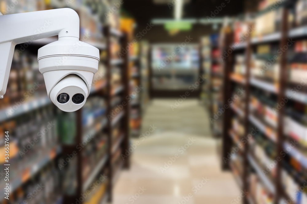 CCTV camera system security in shopping mall supermarket blur ...