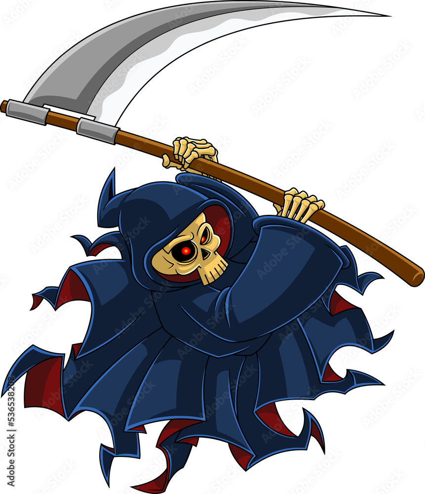 Angry Grim Reaper Skeleton Cartoon Character With A Scythe Attacking ...