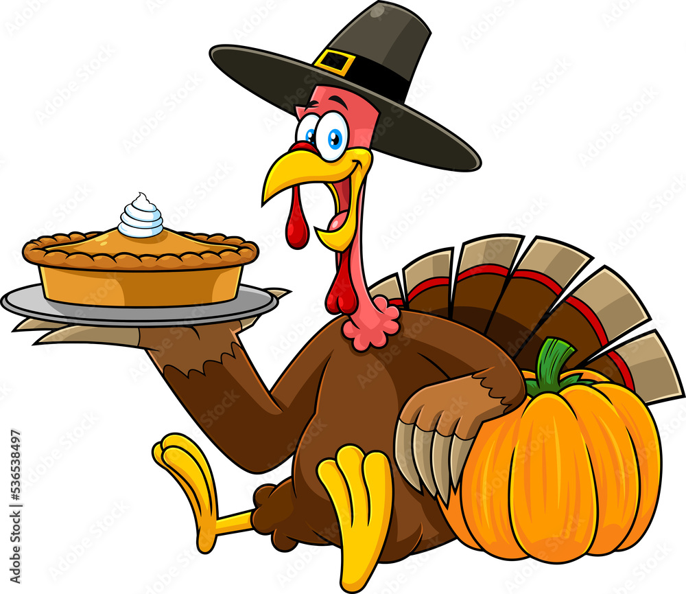 Turkey Pilgrim Cartoon Characters Sitting Holding A Pumpkin Pie. Hand ...