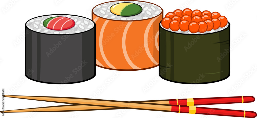 Cartoon Sushi Roll Set With Chopsticks. Hand Drawn Illustration ...