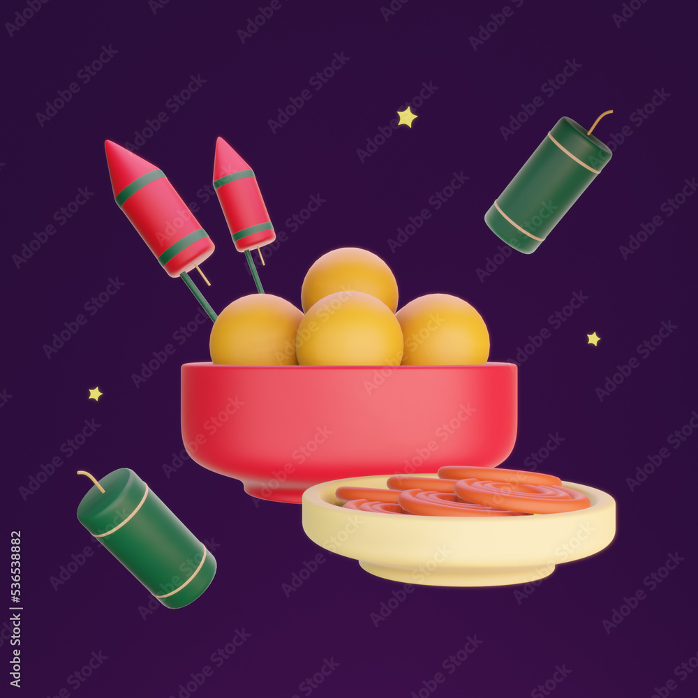 3d illustration for diwali of green red fire cracker bombs or pataka ...