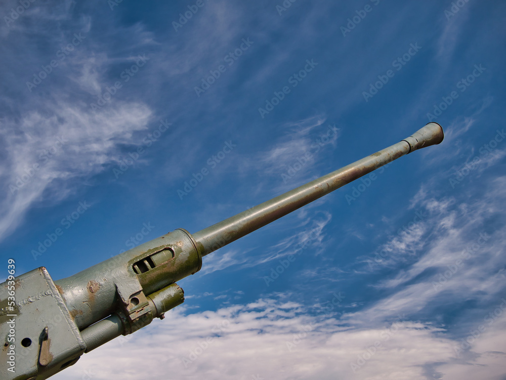 The barrel of a 1942 40mm Bofors gun pointing upward to a blue sky with ...