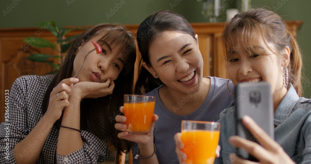 Small girl group party asia people busy talk smile eat brunch food ...