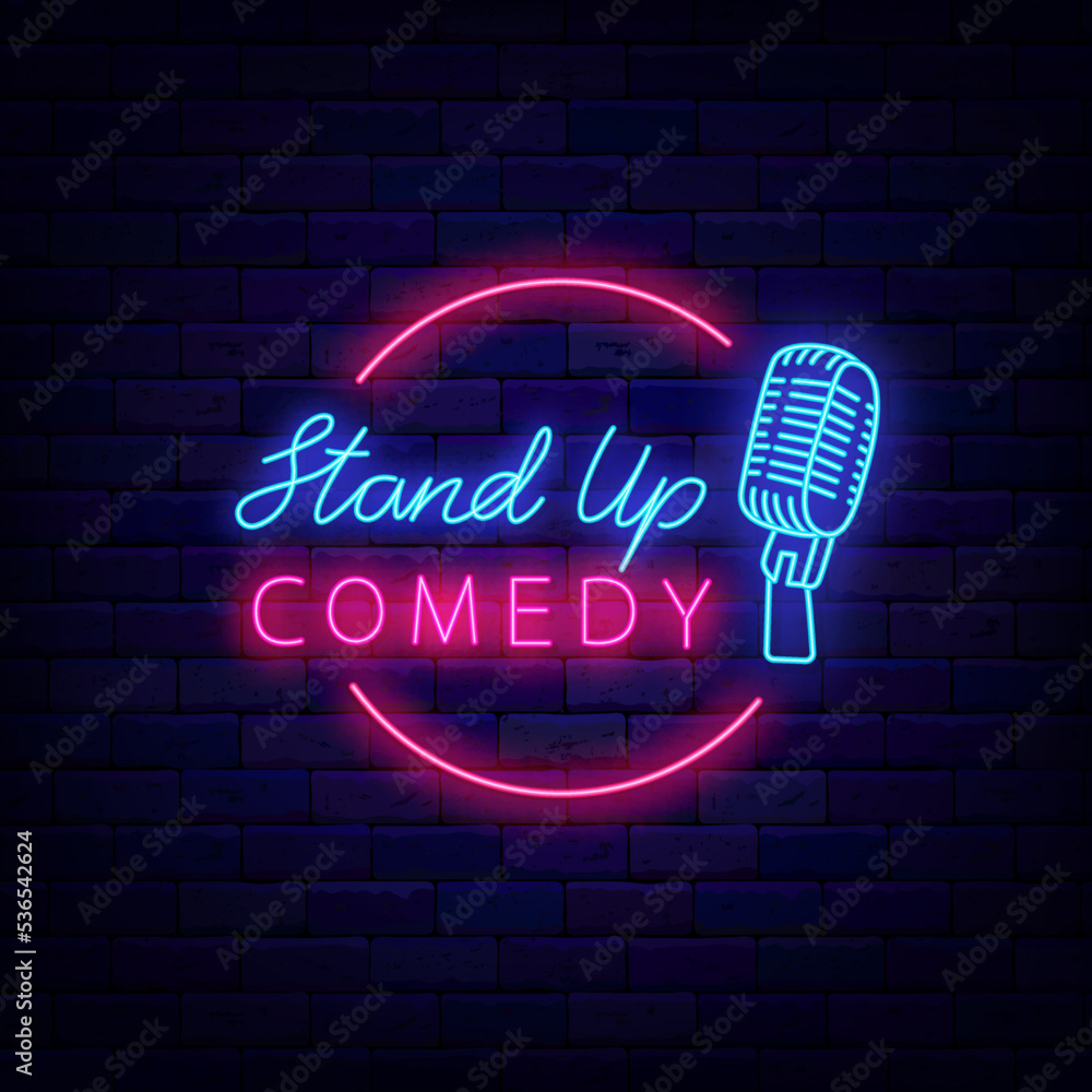 Stand up comedy neon signboard. Circle frame with microphone. Comic ...