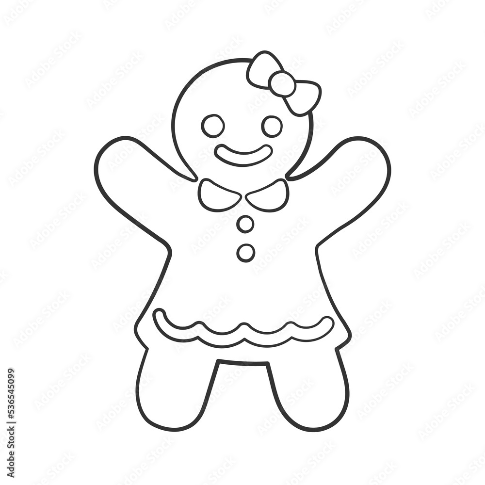 Gingerbread girl cookie outline doodle cartoon illustration. Winter ...