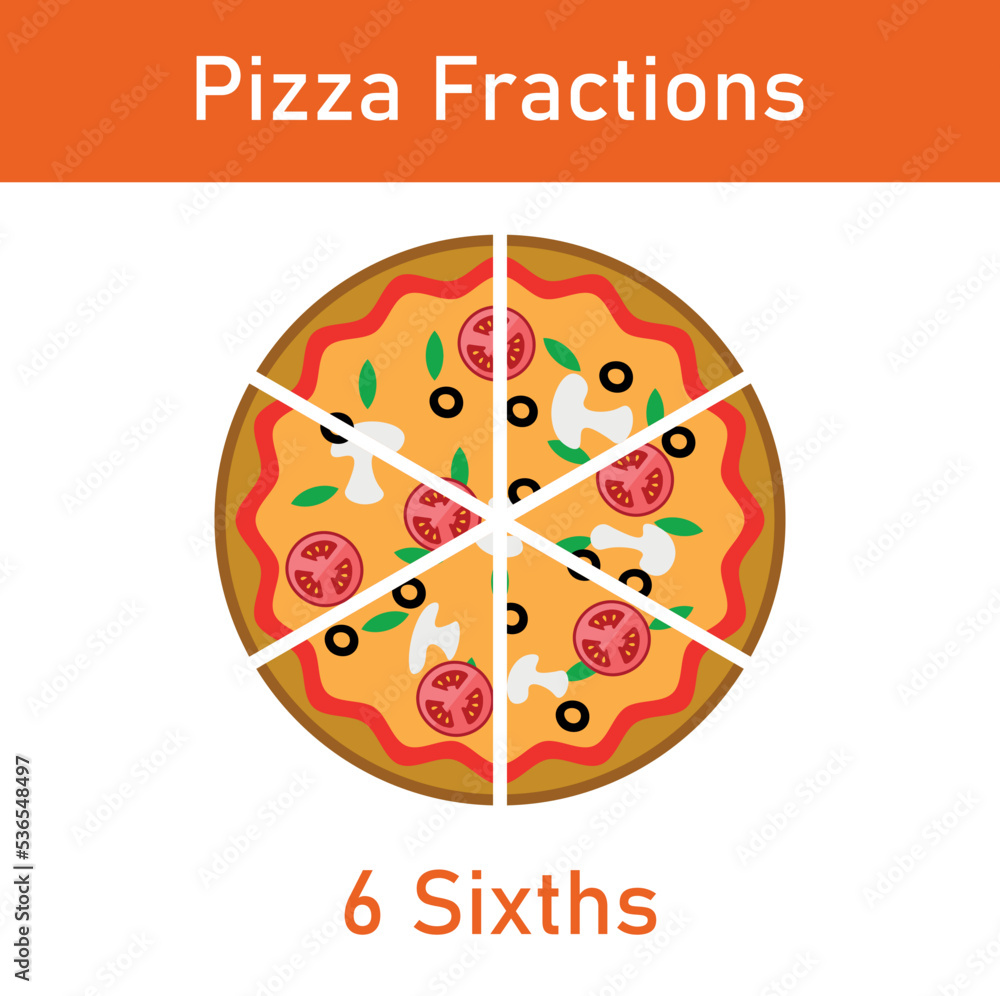 Six sixths pizza fractions. Fraction for kids. Pizza slices. Fraction ...