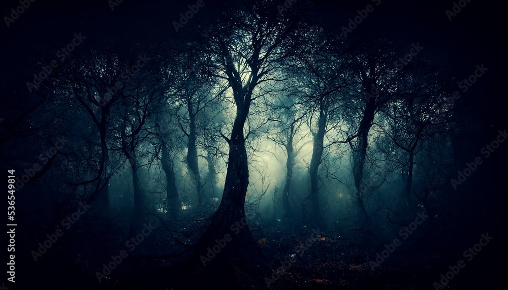 Dark scary forest cursed by witch spell spectacular 3D illustration for ...
