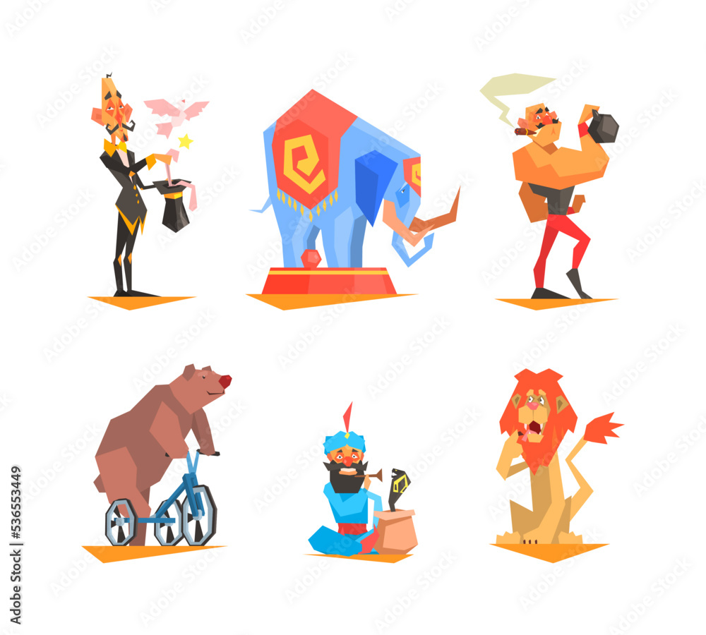 Circus Artist Character with Strongman, Lion Animal and Magician ...