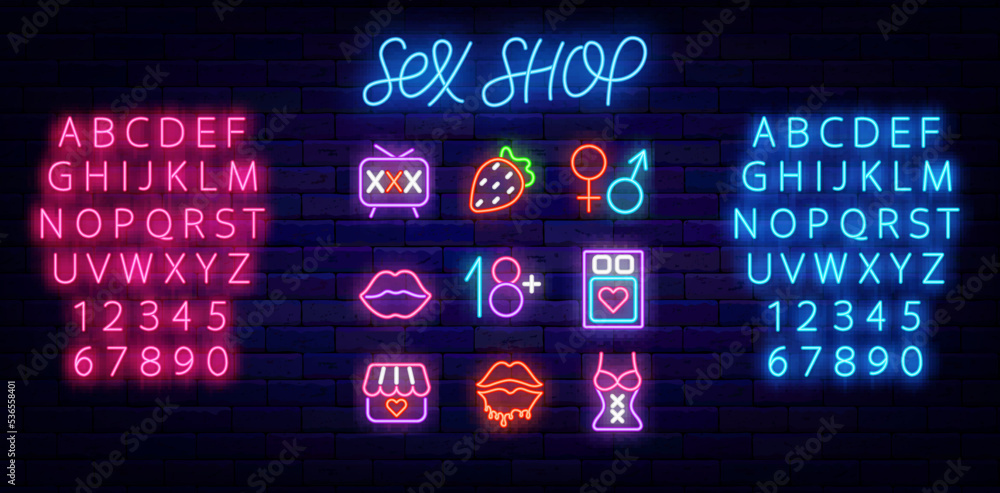 Sex shop neon icons collection. Intimate store advvertising lettering ...