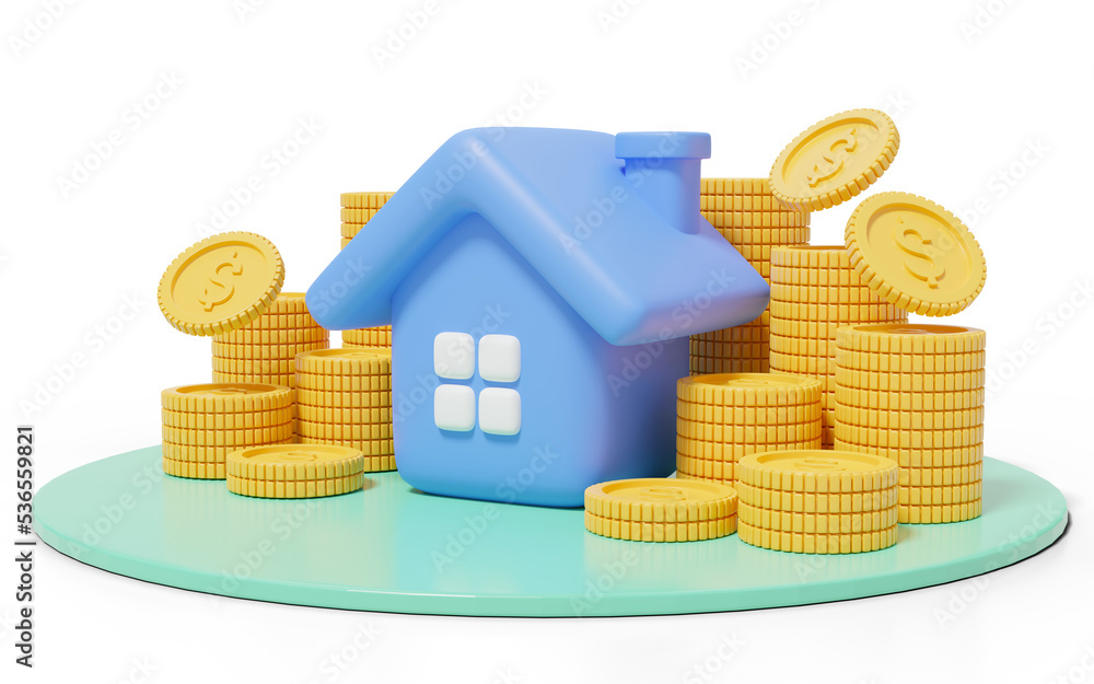 3d Gold coins falling into stack and house on transparent. Blue home ...