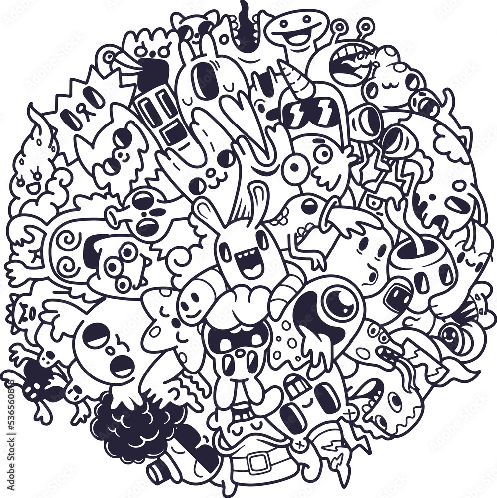 PNG, illustration of Funny monsters circle shape pattern Hand drawing ...