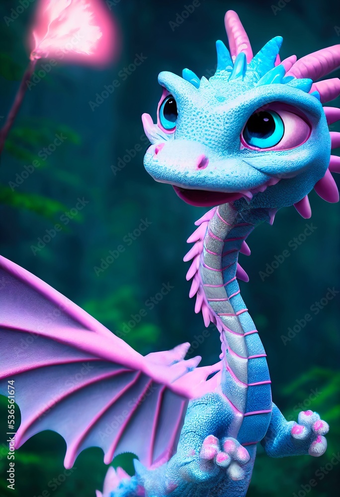 Portrait of a beautiful cute cartoon dragon. Image of a pink dragon. 3D ...