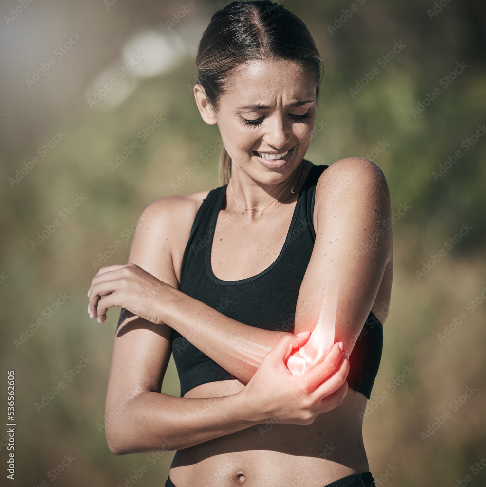 Foto de Workout woman and elbow pain from injury in joint and physical ...