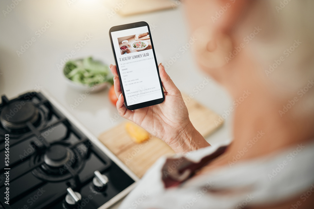 Recipe, cooking and healthy food list on a phone screen with a woman to ...