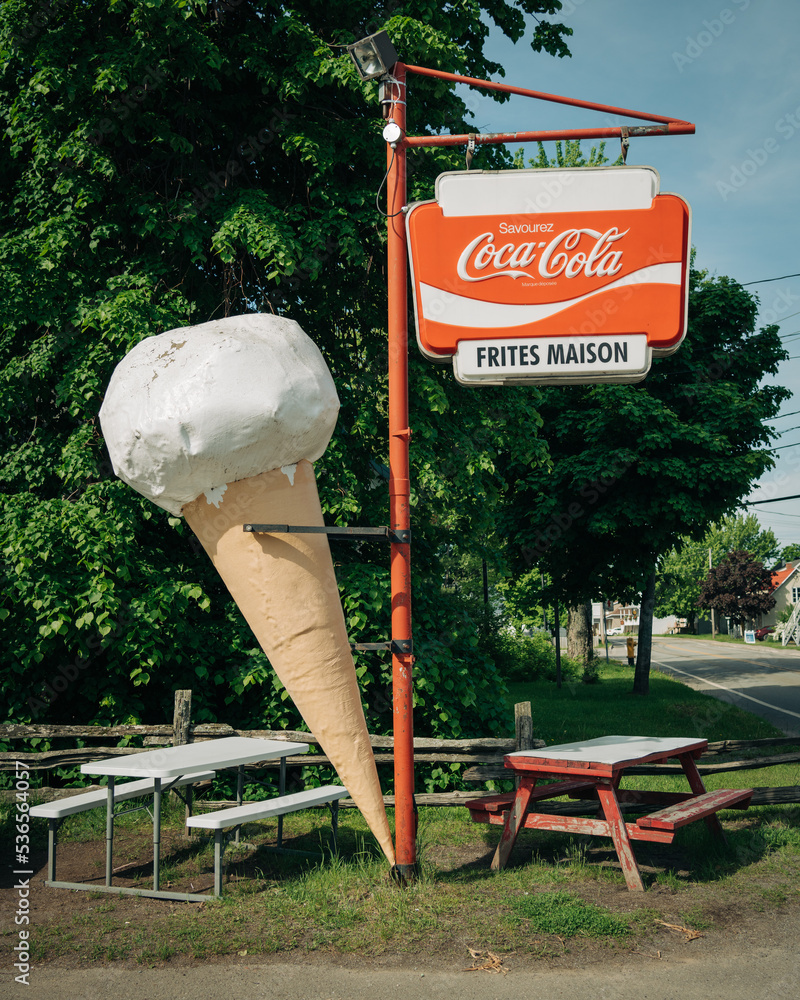 Vintage Coca Cola sign and giant ice cream cone, LIslet, Québec, Canada ...