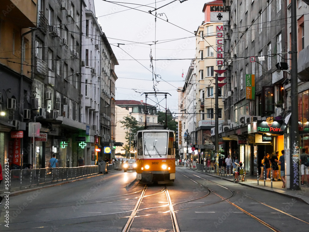 Sofia, Bulgaria - July 1 2022: Tram in the middle of a busy street in ...