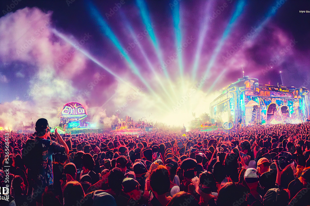 Crowd of people in music festival at spectacular night concert 3D ...