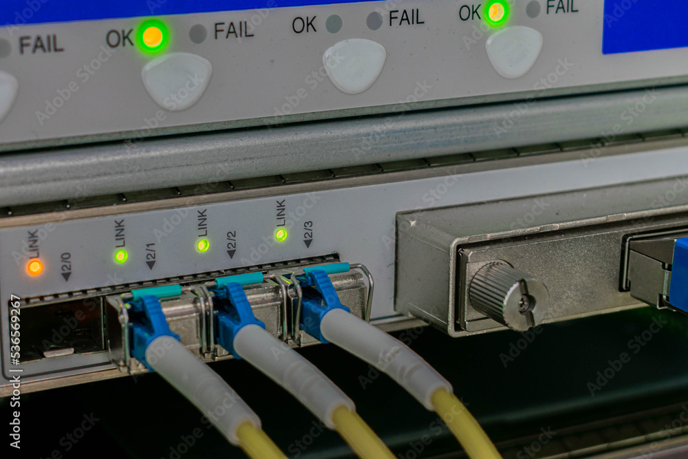 Fiber optic cable are connected to the interfaces of the central router ...