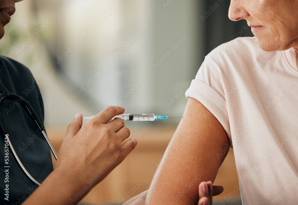 Covid, hands of nurse vaccine injection and health, safety or corona ...