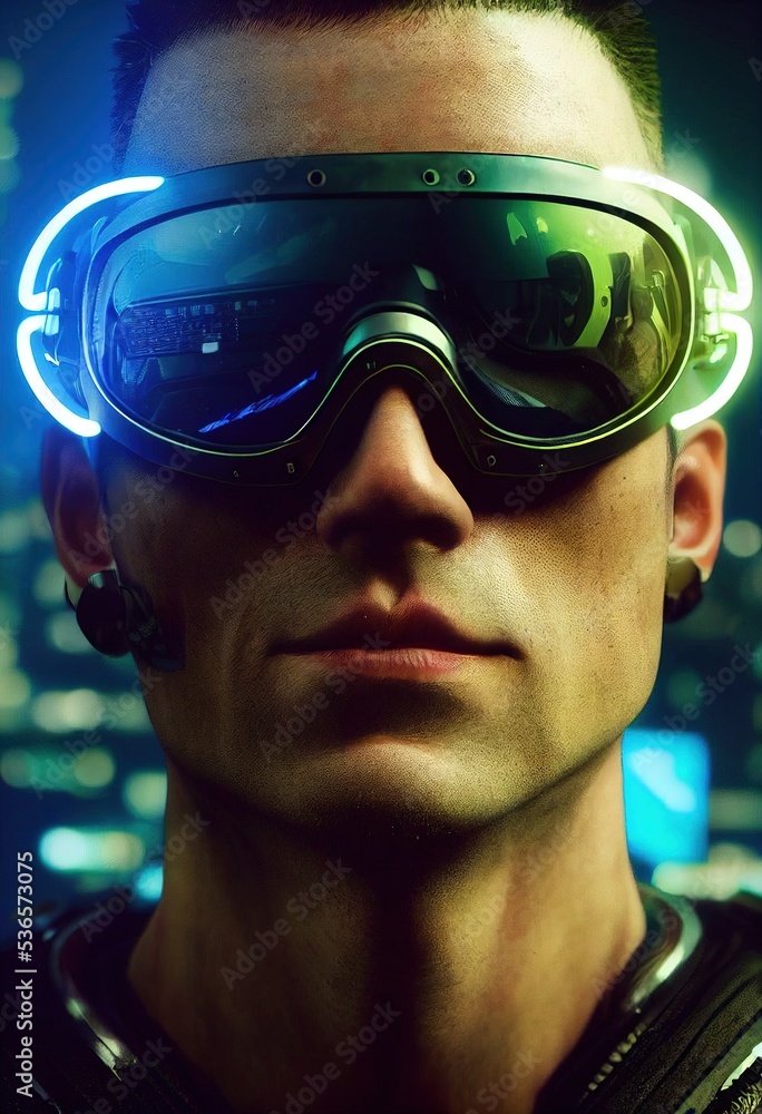 Portrait of a male superhero wearing neon virtual goggles and superhero ...