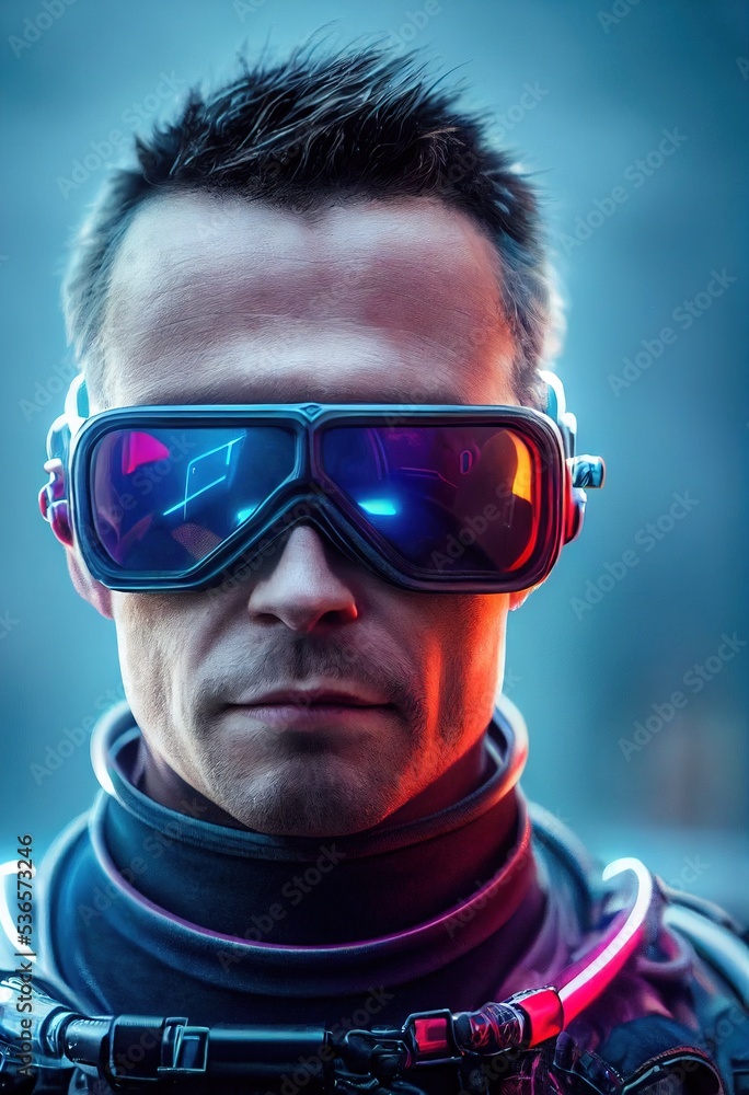 Portrait of a male superhero wearing neon virtual goggles and superhero ...