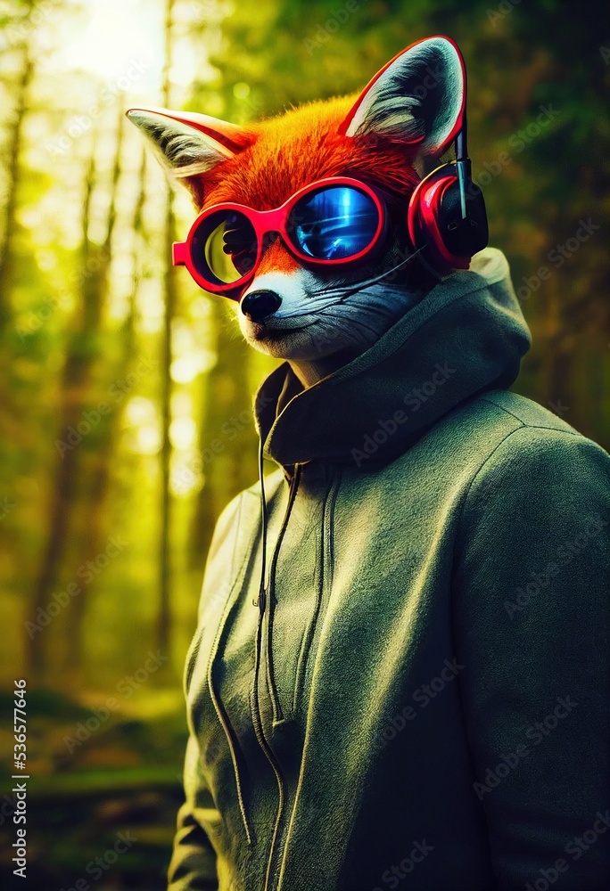 Portrait of a fox wearing a cyberpunk headset, neon virtual glasses ...
