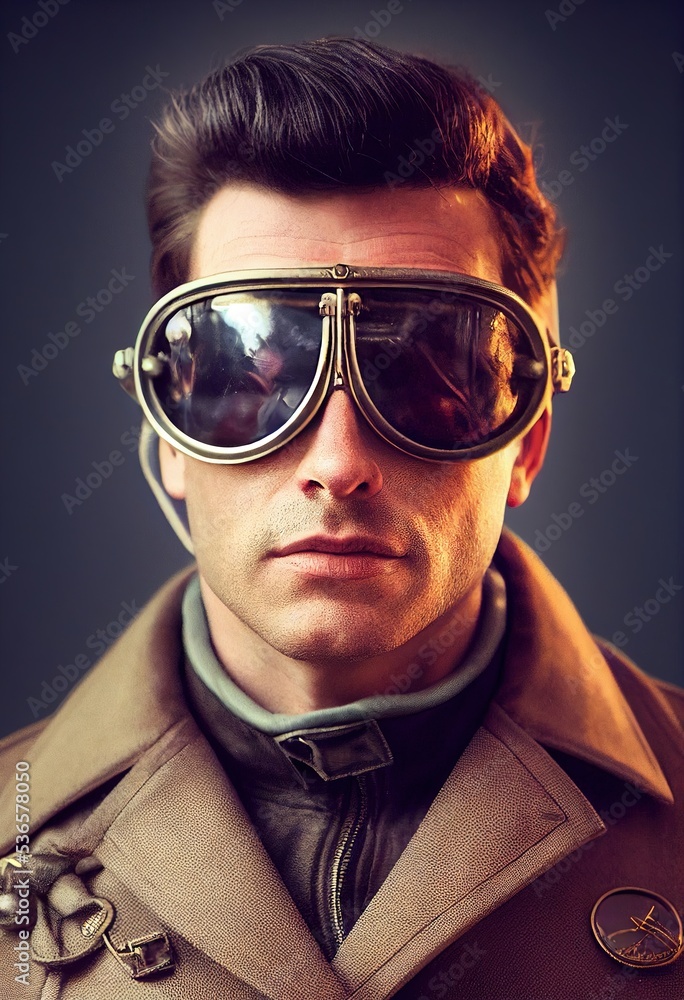 Portrait of a fictional male airplane pilot. Retro pilots concept. 3d ...