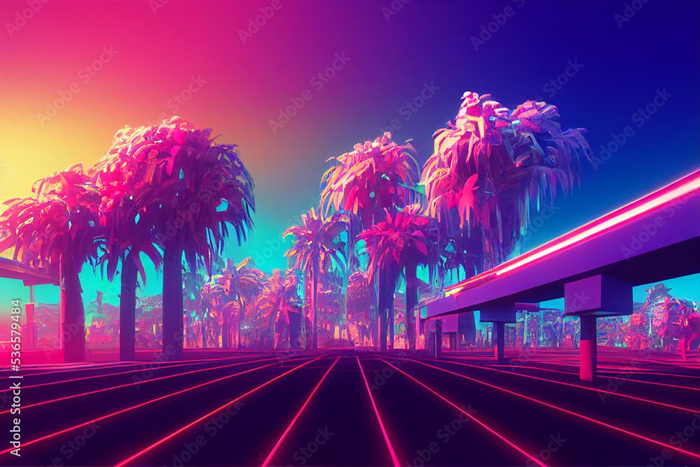3d Retro wave city background. Neon night landscape with a futuristic ...