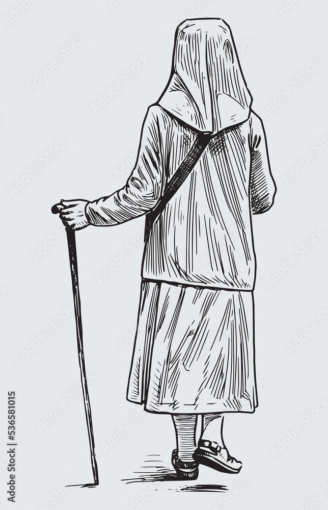 Hand drawing of alone nun with walking cane Stock Vector | Adobe Stock
