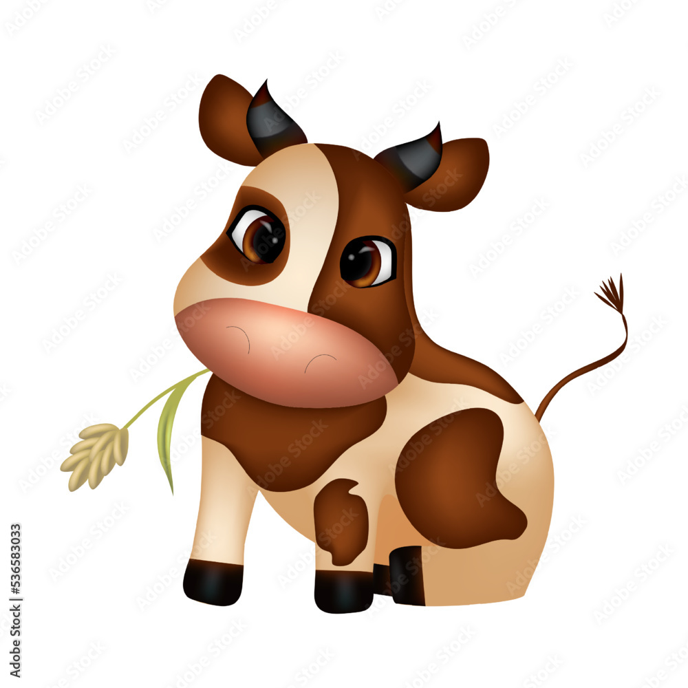 Cute young cartoon cow eating grass isolated on white background Stock ...