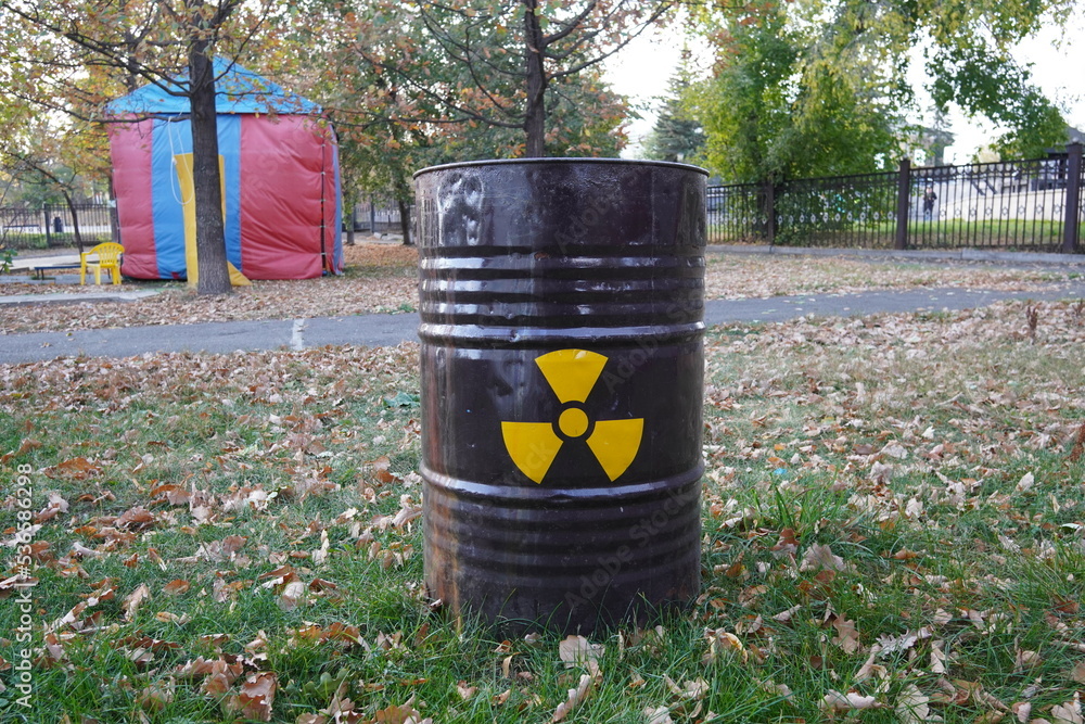 black iron barrel with dangerous radiation sign Stock Photo | Adobe Stock