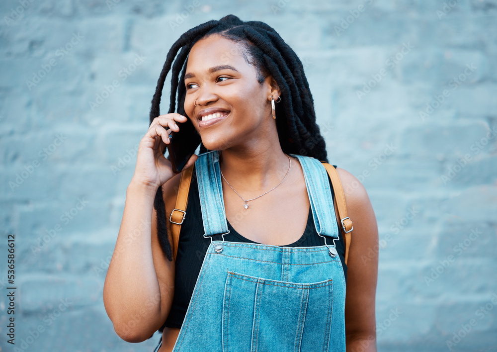 Happy black woman, phone call and smile in communication, talking and ...