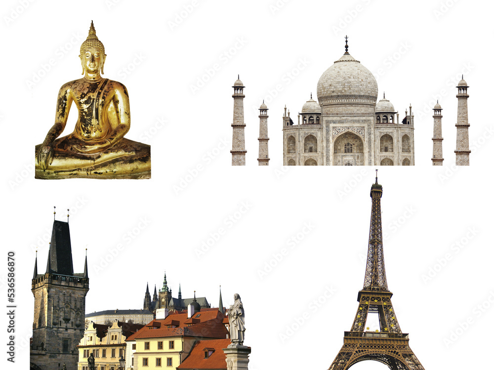world most famous architectural iconic landmarks , set for collage ...