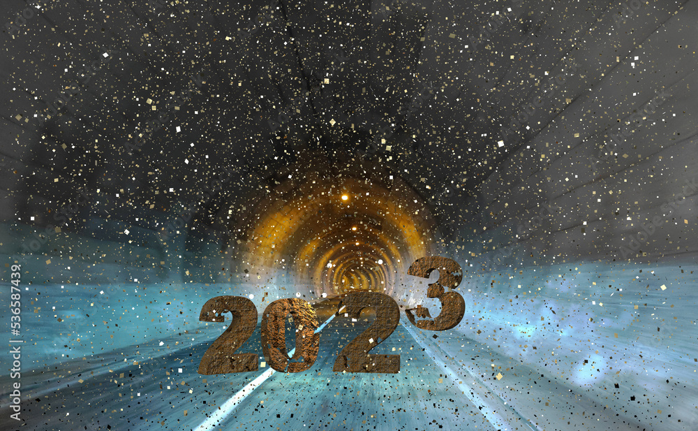 2023 new year highlighted rusty digits in a tunnel with speed blur and ...