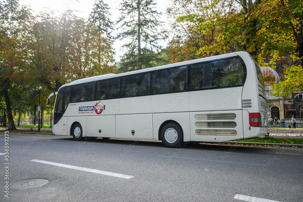 Bus parked on the side of the road in the city. Transport by bus ...