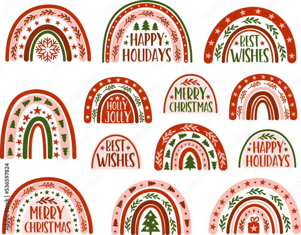 Christmas boho rainbows vector illustrations set. Christmas quotes ...