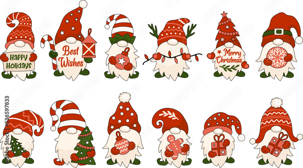 Christmas gnomes vector illustrations set. Christmas quotes. Winter ...