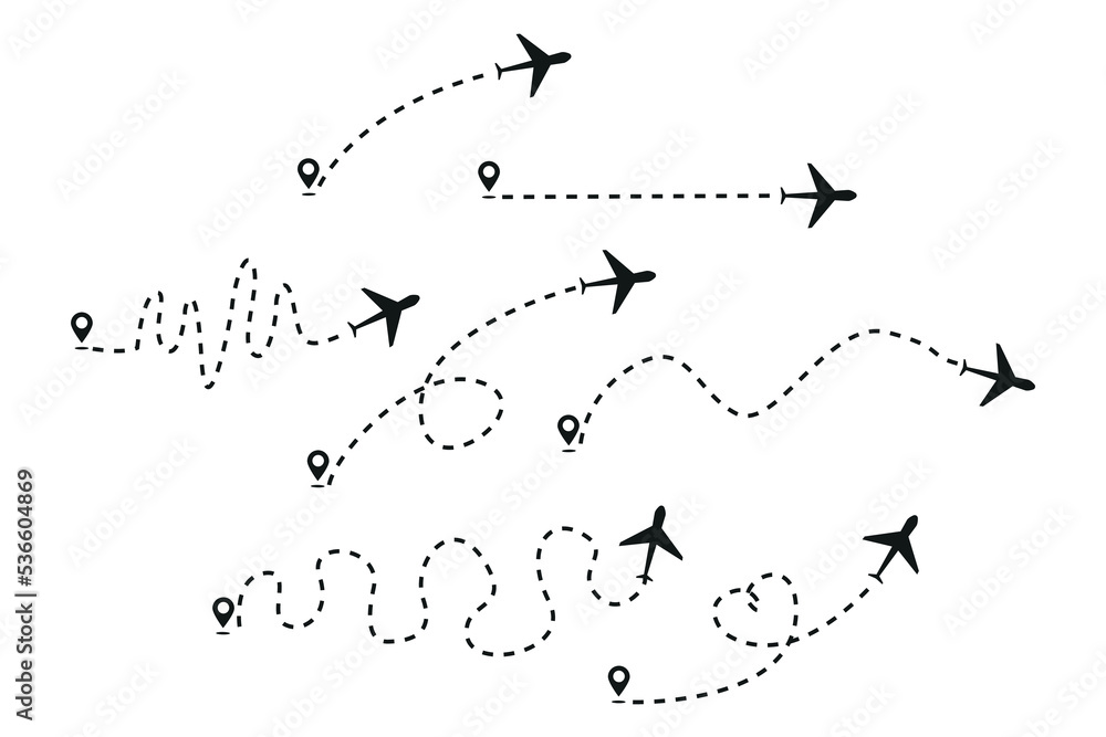 Airplane dotted route line the way airplane. Airplane routes with start ...