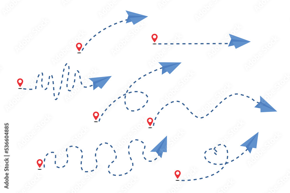 Paper plane line path route. Airplane routes with start point and dash ...