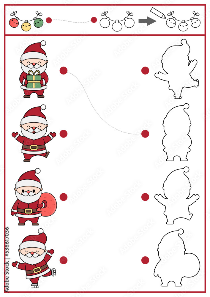 Christmas shape matching, coloring and drawing activity. Winter holiday ...