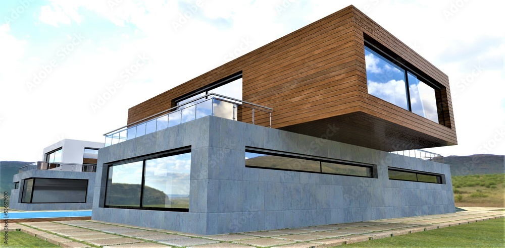 Cantilevered second floor finished with a facade board. Modern trend in ...