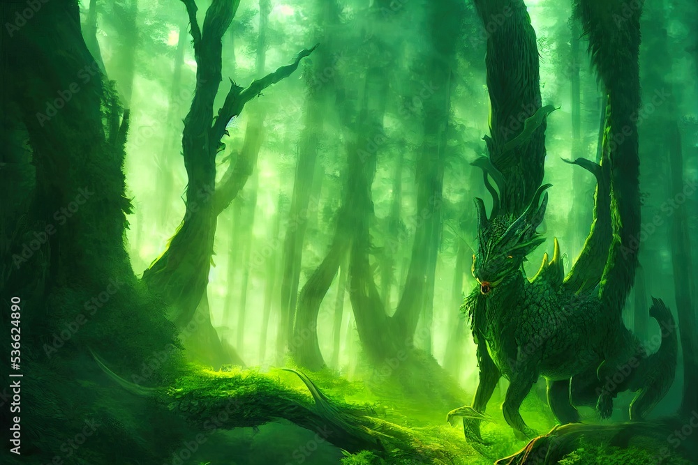 A mighty forest dragon stands majestically in the sunlight in the ...