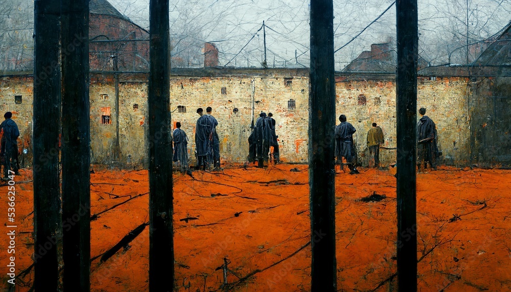 convicts gathering in a dystopian prison yard with bars Stock ...